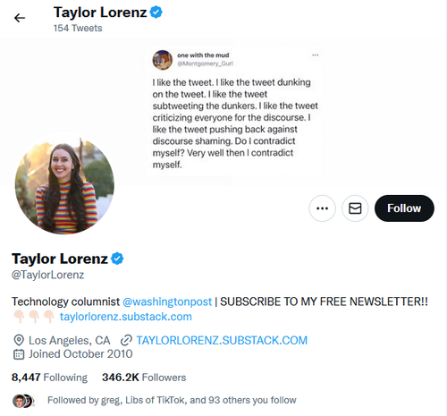Notorious Washington Post Doxxer Taylor Lorenz Un-Suspended From ... Notorious Washington Post Doxxer Taylor Lorenz Un-Suspended From ...